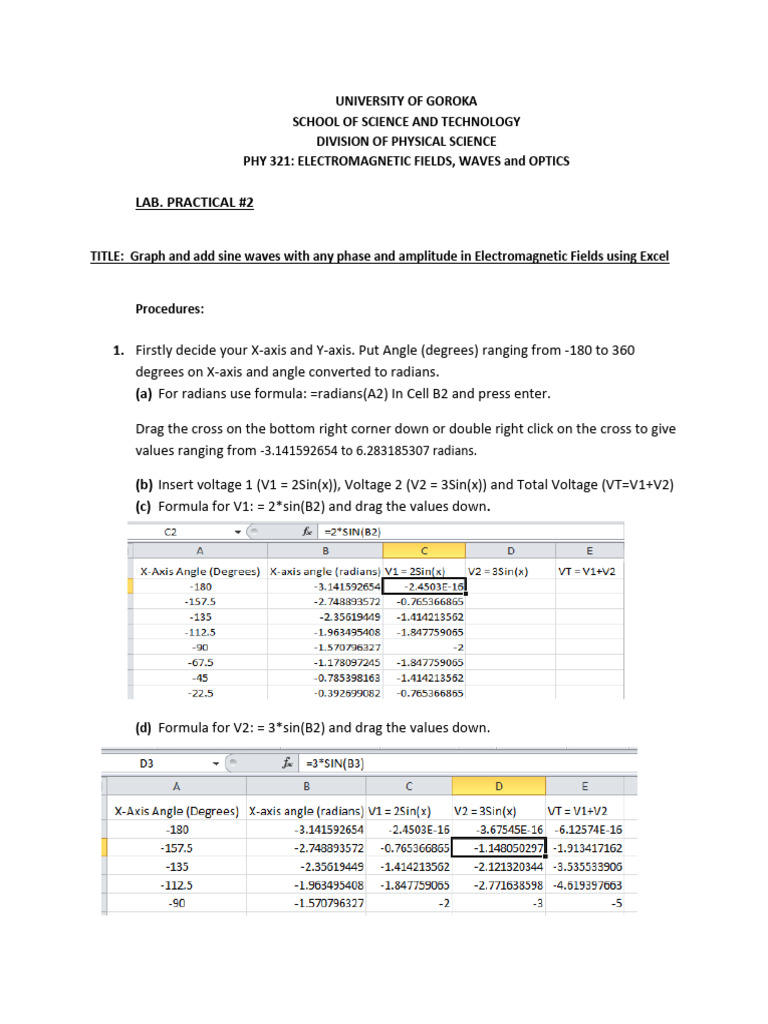 Sine Wave Graphing in Excel Lab Guide | PDF