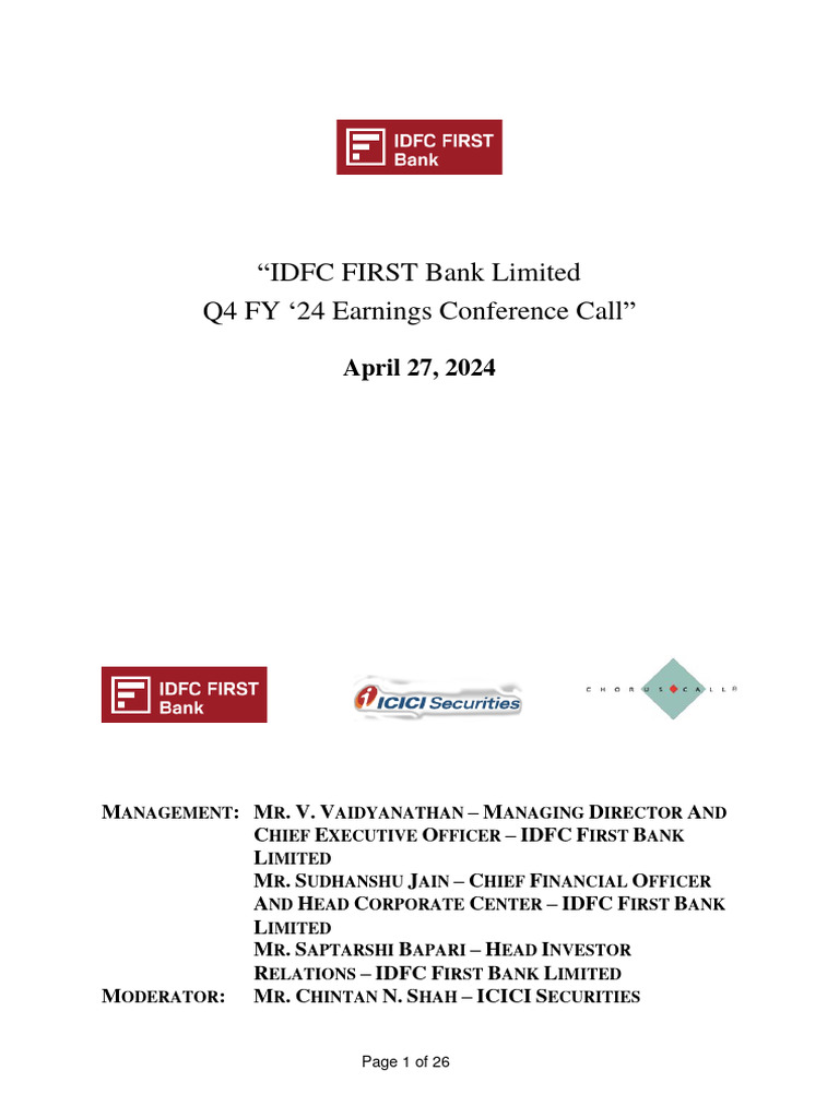 Concall Transcript of IDFC FIRST Bank Q4 FY24 Results 1 | PDF | Banks ...