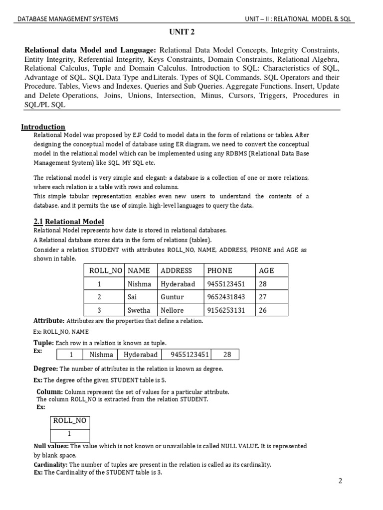 DBMS Unit - 2 | PDF | Relational Database | Relational Model DBMS Unit - 2 | PDF | Relational Database | Relational Model