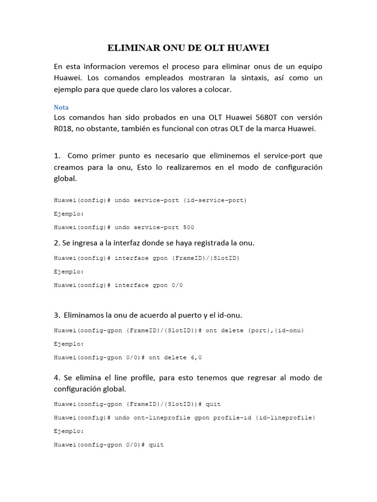 Eliminar Onu de OLT Huawei | PDF
