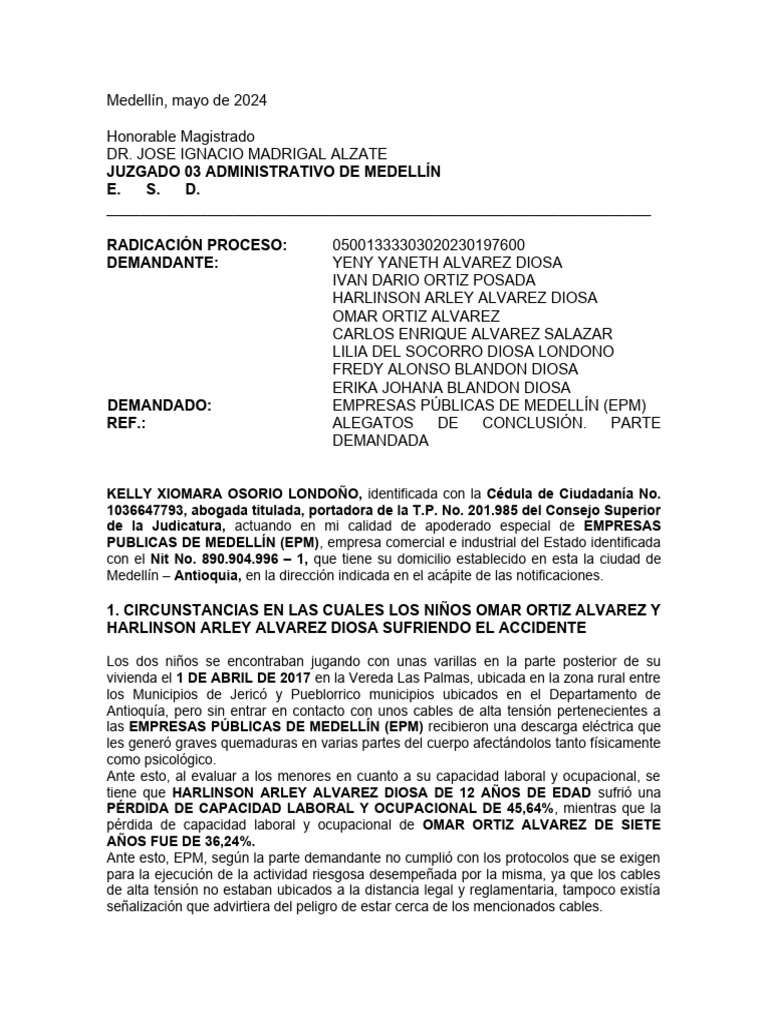 ALEGATOS DE CONCLUSIÓN. PARTE DEMANDADA. Kelly Xiomara Osorio Londoño ...