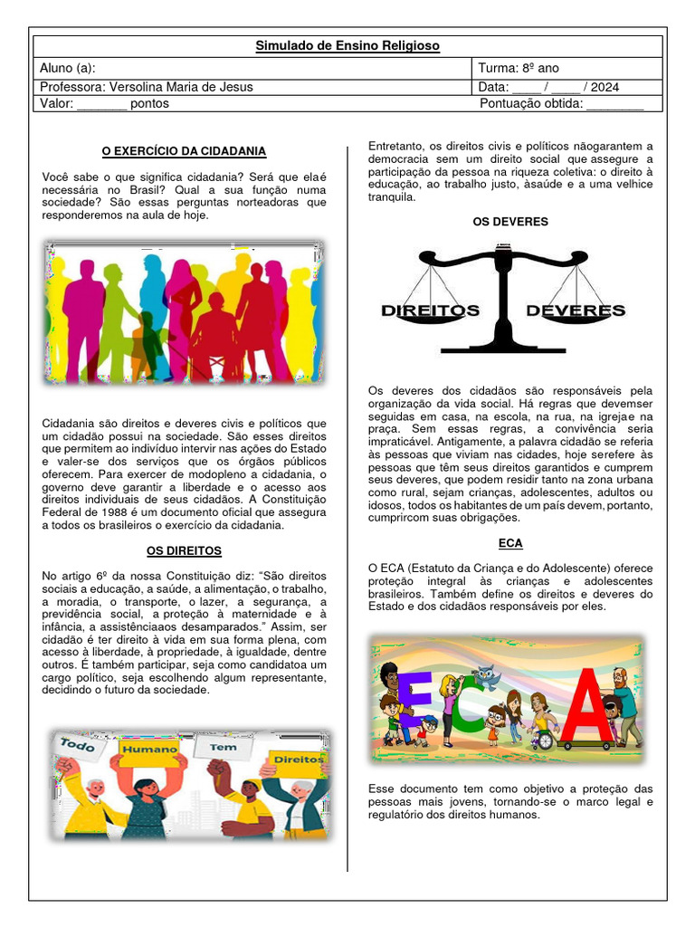 Simulado de Ensino Religioso - 8º Ano | PDF | Cidadania | Constituição