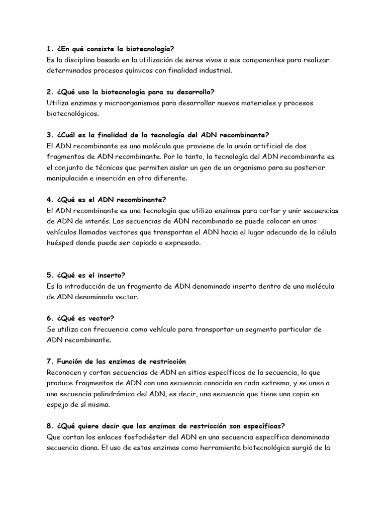 Preguntas Biotecnología | PDF | Adn | Virus