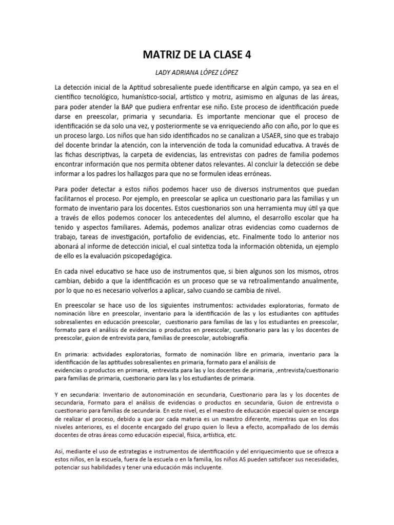 Matriz de La Clase 4 | PDF | Educación de la primera infancia | Enseñando