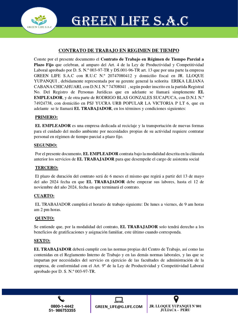 Contrato de Trabajo Green Life S.A.C | PDF | Derecho laboral | Justicia