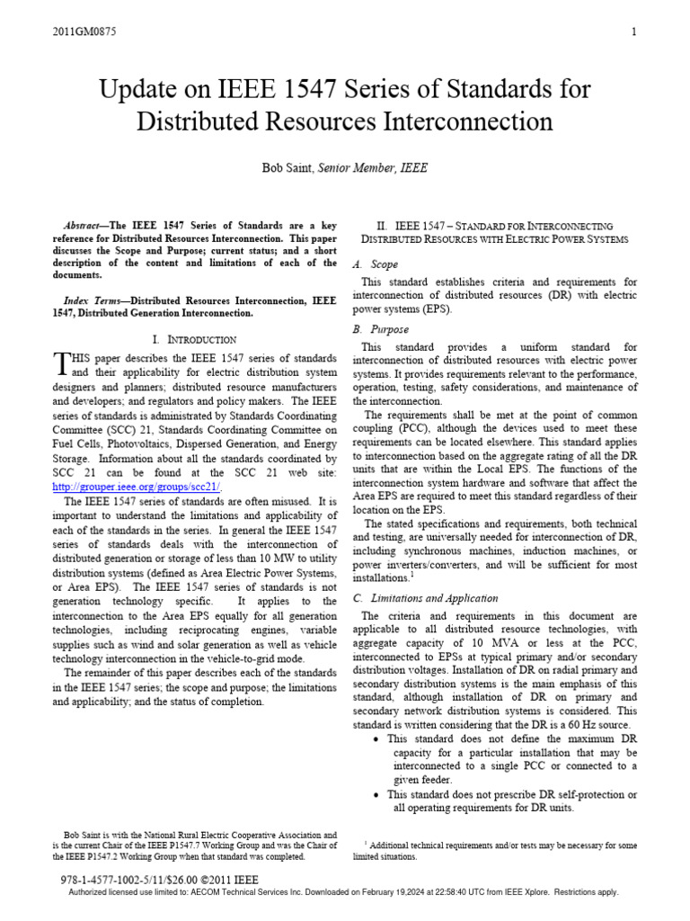 Update On IEEE 1547 Series of Standards For Distributed Resources Interconnection | PDF ...