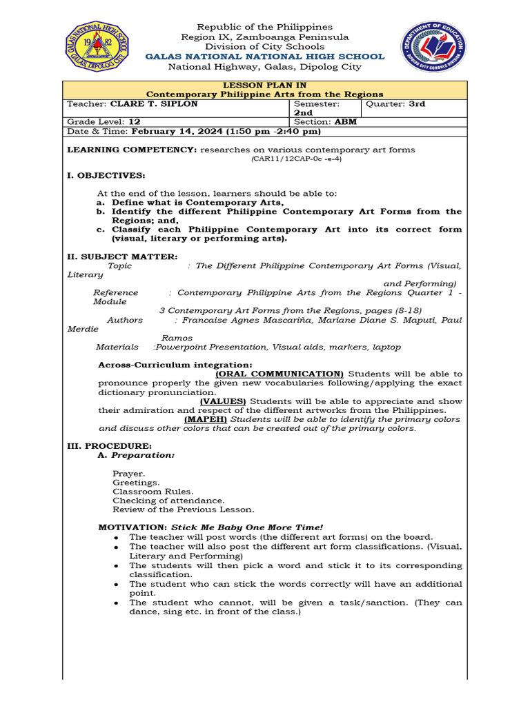 COT 3 - The Different Art Forms CPAR | PDF | Human Communication | Behavior Modification