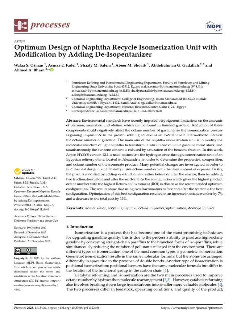 Optimum Design of Naphtha Recycle Isomerization Unit With Modification ...