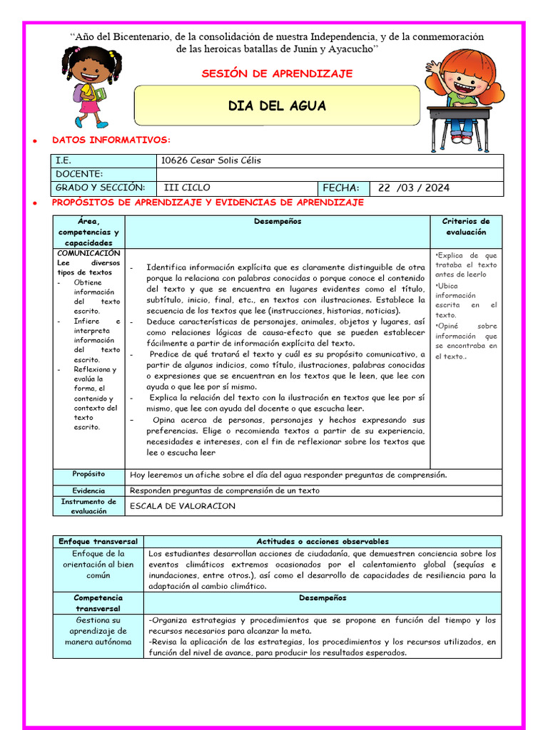 1º U1 S2 Sesion D3 Com Dia Del Agua | PDF | Aprendizaje | Evaluación 1º U1 S2 Sesion D3 Com Dia Del Agua | PDF | Aprendizaje | Evaluación