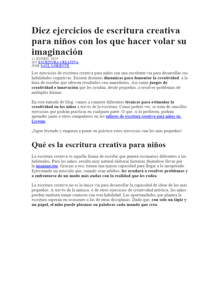 Diez Ejercicios de Escritura Creativa para Niños Con Los Que Hacer ...