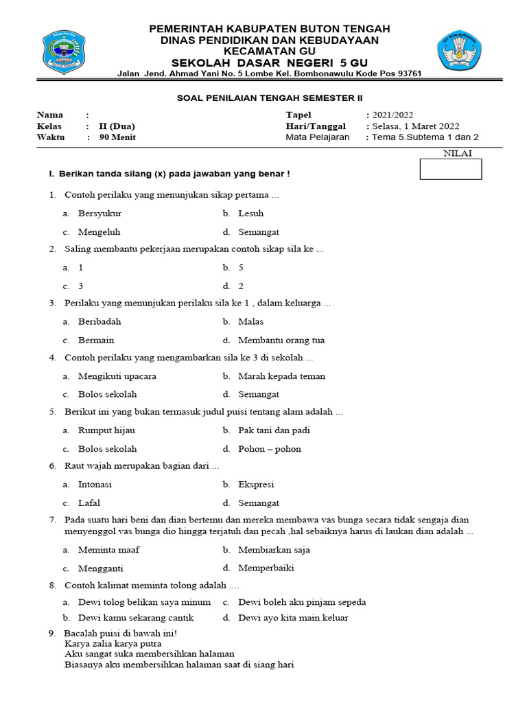 PTS KELAS 2 (Tema 5 Subtema 1 Dan 2) | PDF