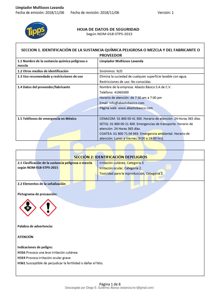 Hoja de Seguridad Limpiador Lavanda | PDF | Química