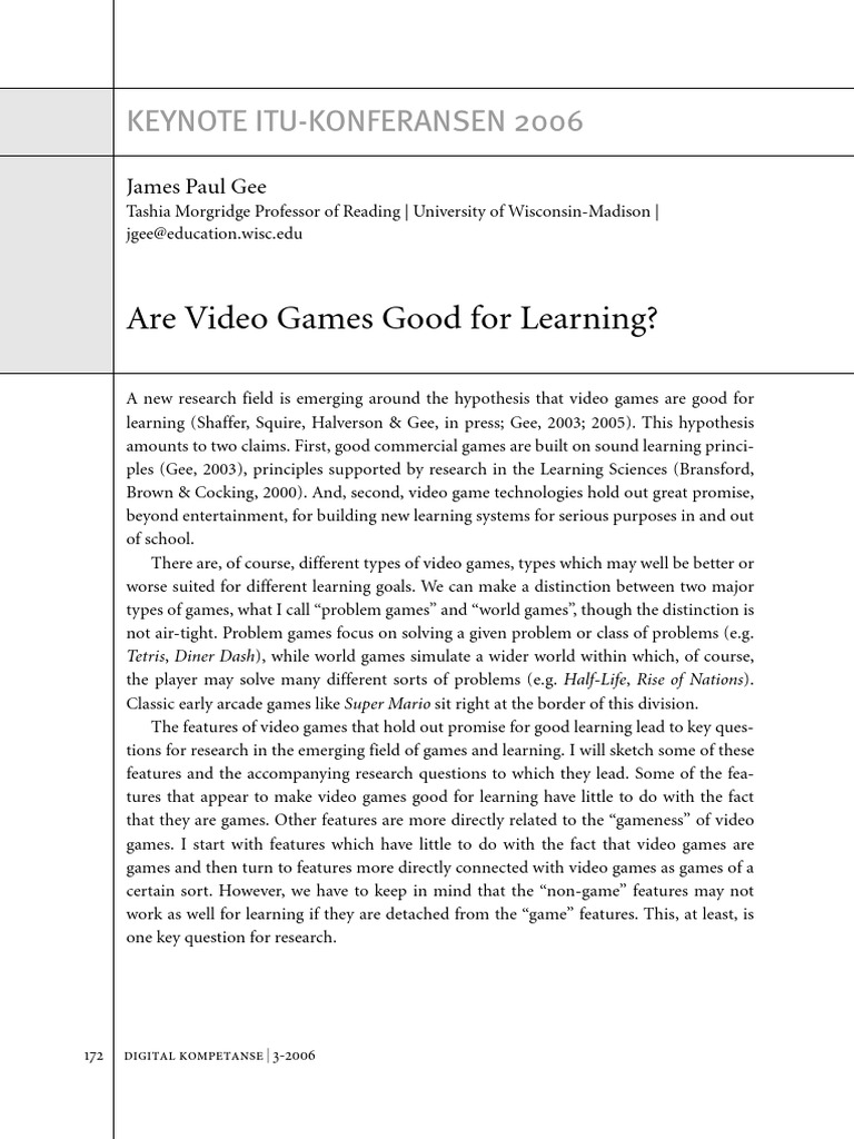 Gee 2006 Are Video Games Good For Learning | PDF | Learning | Experience