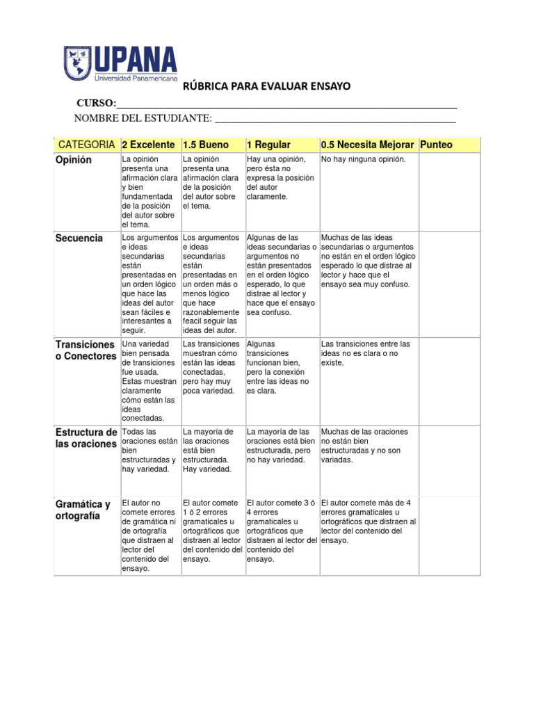 Rúbrica para Evaluar Ensayos Académicos | PDF | Ensayos | Gramática