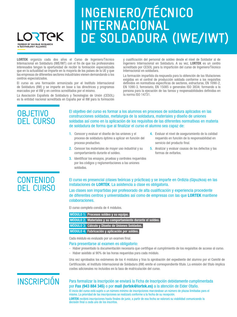 Curso IWE/IWT en Soldadura en LORTEK | PDF | Soldadura | Construcción