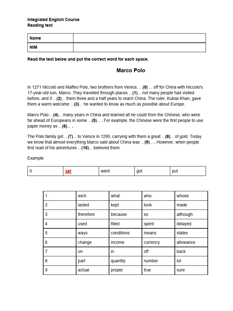 2 Reading Comprehension Test | PDF | Marco Polo