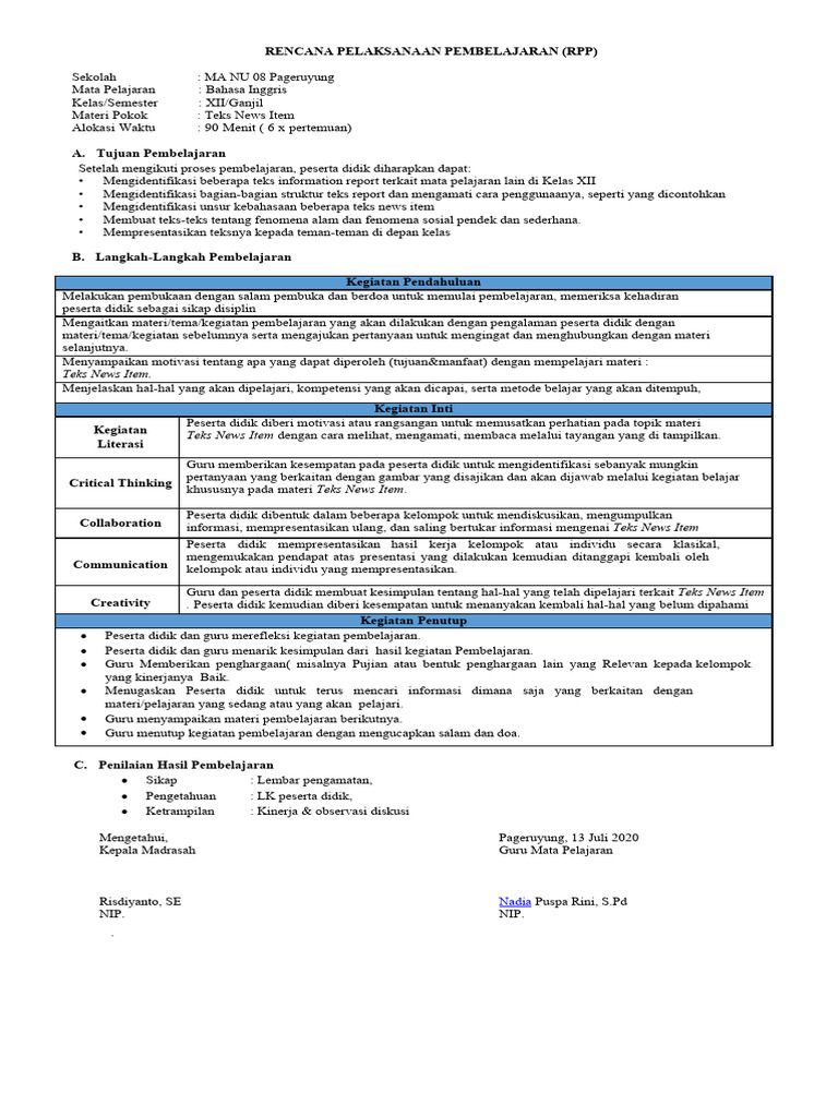 4 - RPP 1 Lembar B.ing Kelas 12 | PDF | Seni