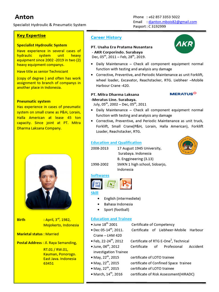 Anton CV Eng Full A4 | PDF | Industrial Equipment | Heavy Equipment