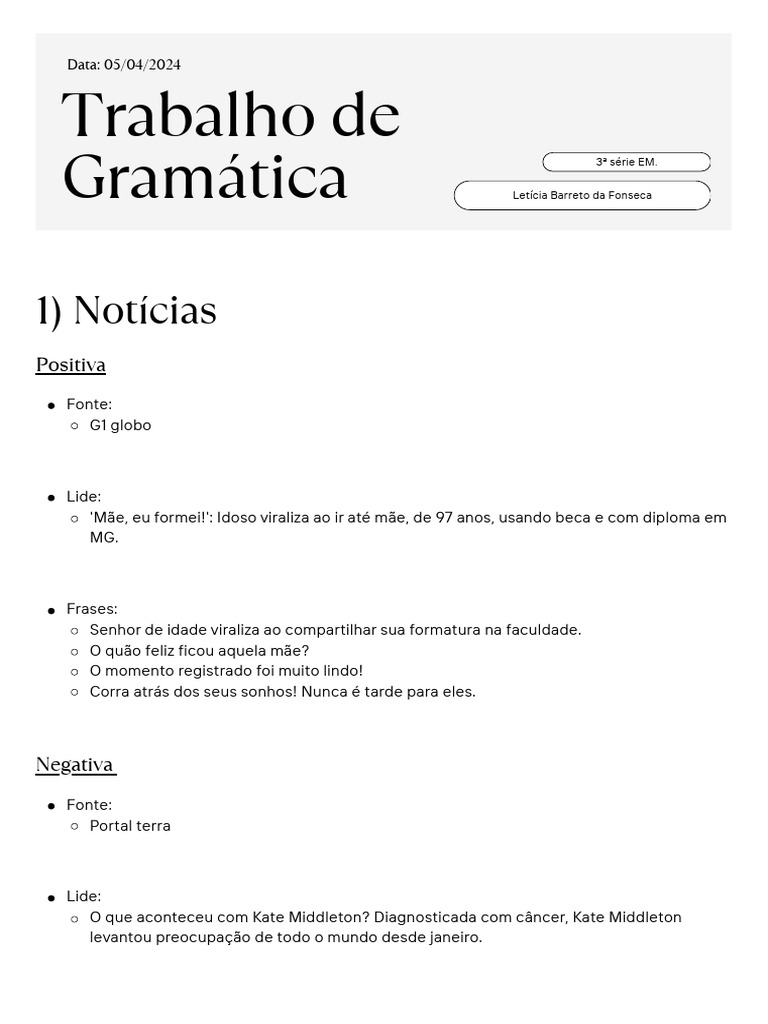 Gramática, 3° Ano EM. - Letícia - 20240404 | PDF | Assunto (gramática)