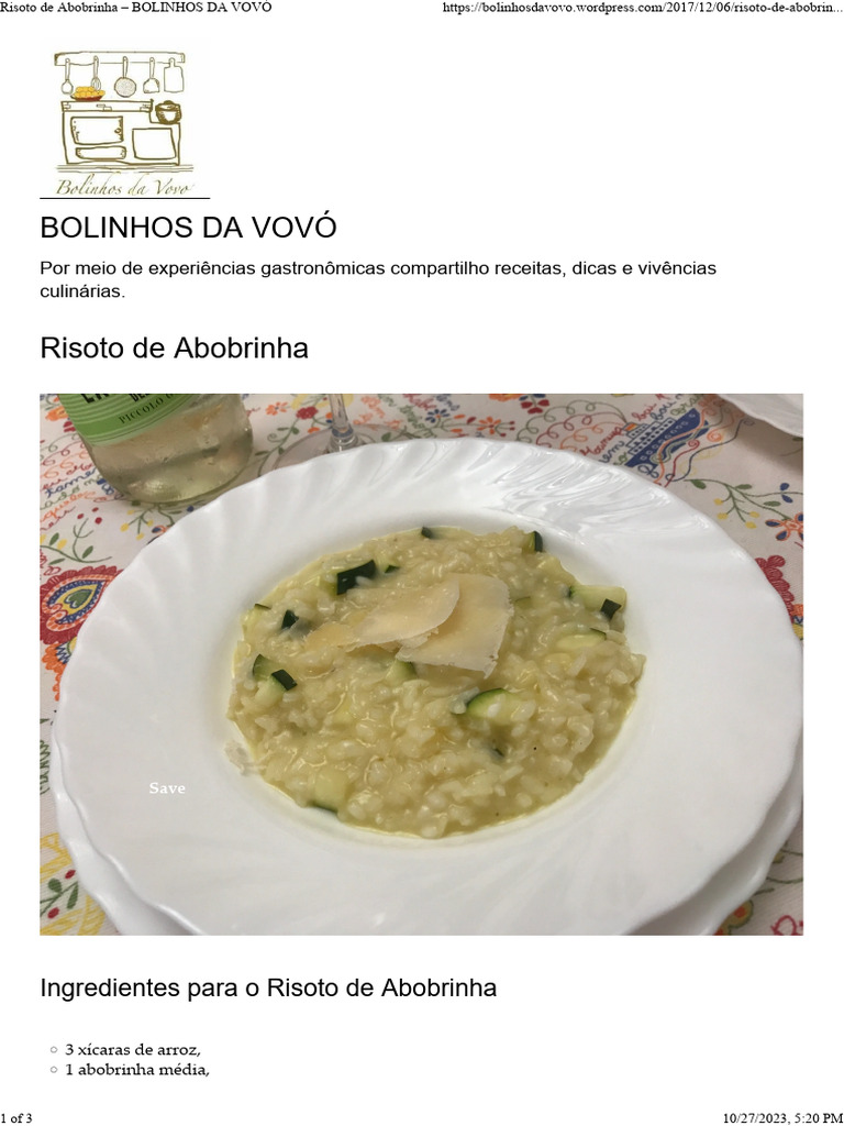 Risoto de Abobrinha - BOLINHOS DA VOVÓ | PDF | Caldo | Alimentos