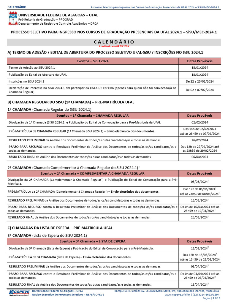 Calendario Do Processo Seletivo Ufal Sisu 2024.1 (Atualizado em 09.05.24) | PDF