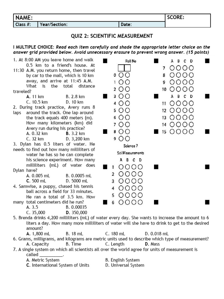 Science 7 1st Quiz 2 Scientific Measurement With Evalbee | PDF ...