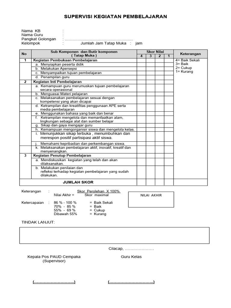 Form Supervisi Kegiatan Pembelajaran | PDF