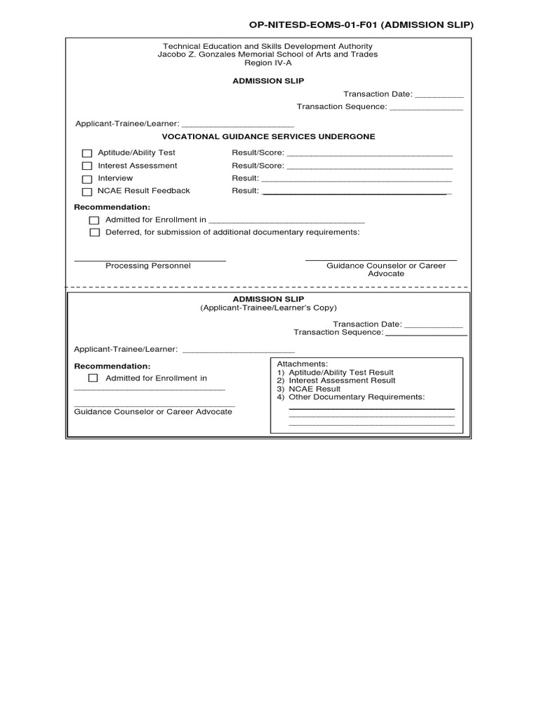 Admission and Enrollment Forms | PDF | Vocational Education