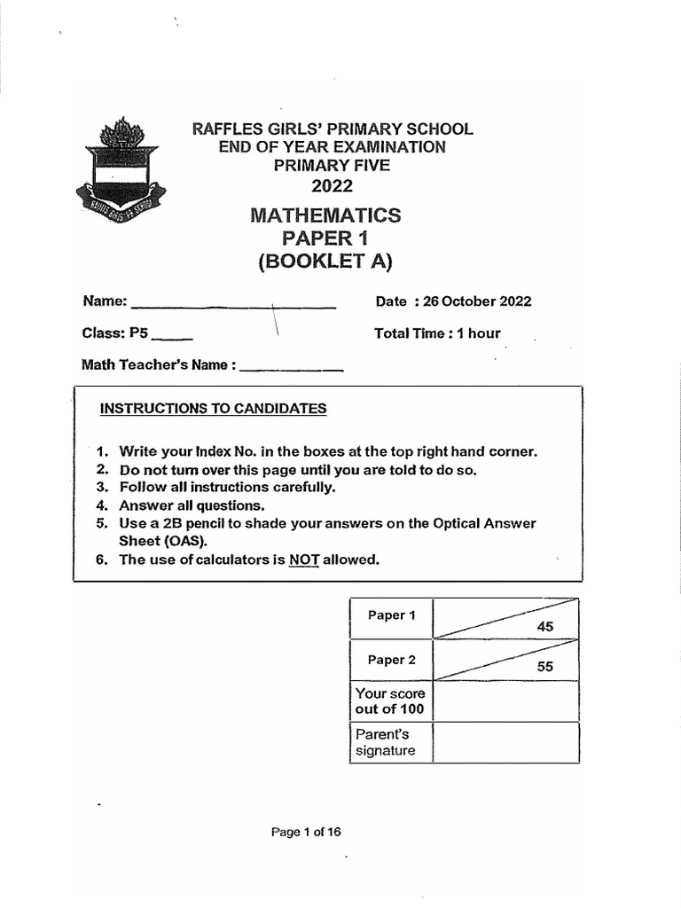 P5 Maths Raffles 2022 EOY Exam Papers | PDF