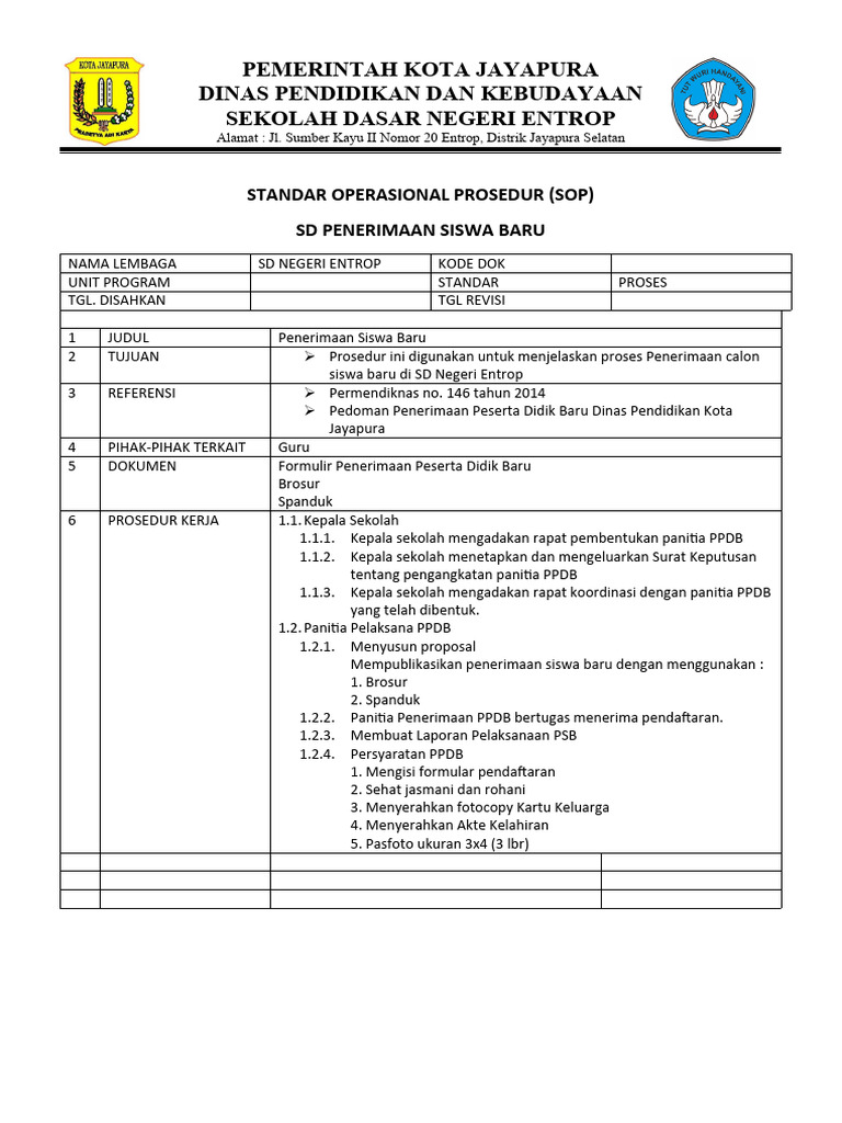 Sop PPDB SDN Entrop | PDF