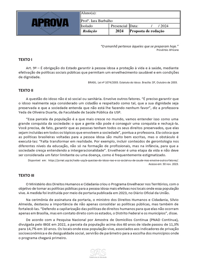 Aprova Mais - Proposta - Quais Os Desafios para o Envelhecimento Digno ...