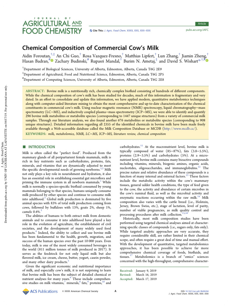 Chemical Composition of Commercial Cow's Milk | PDF | Metabolomics | Milk