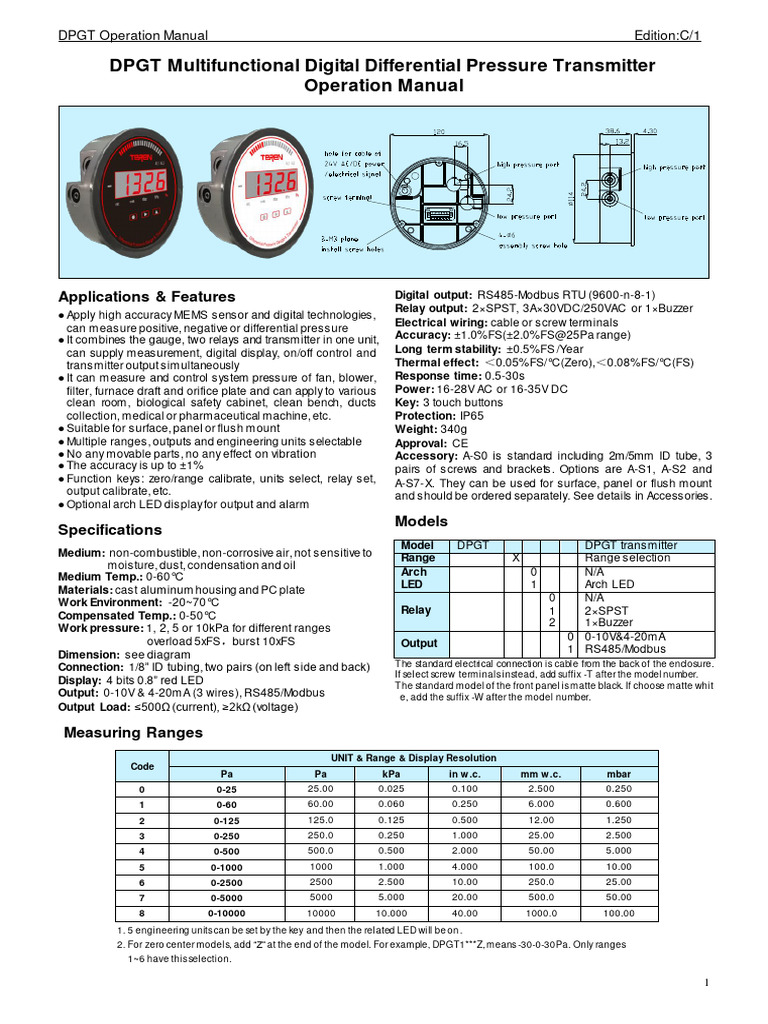 FT Manometro TEREN DPGT | PDF | Pressure Measurement | Parameter (Computer Programming)