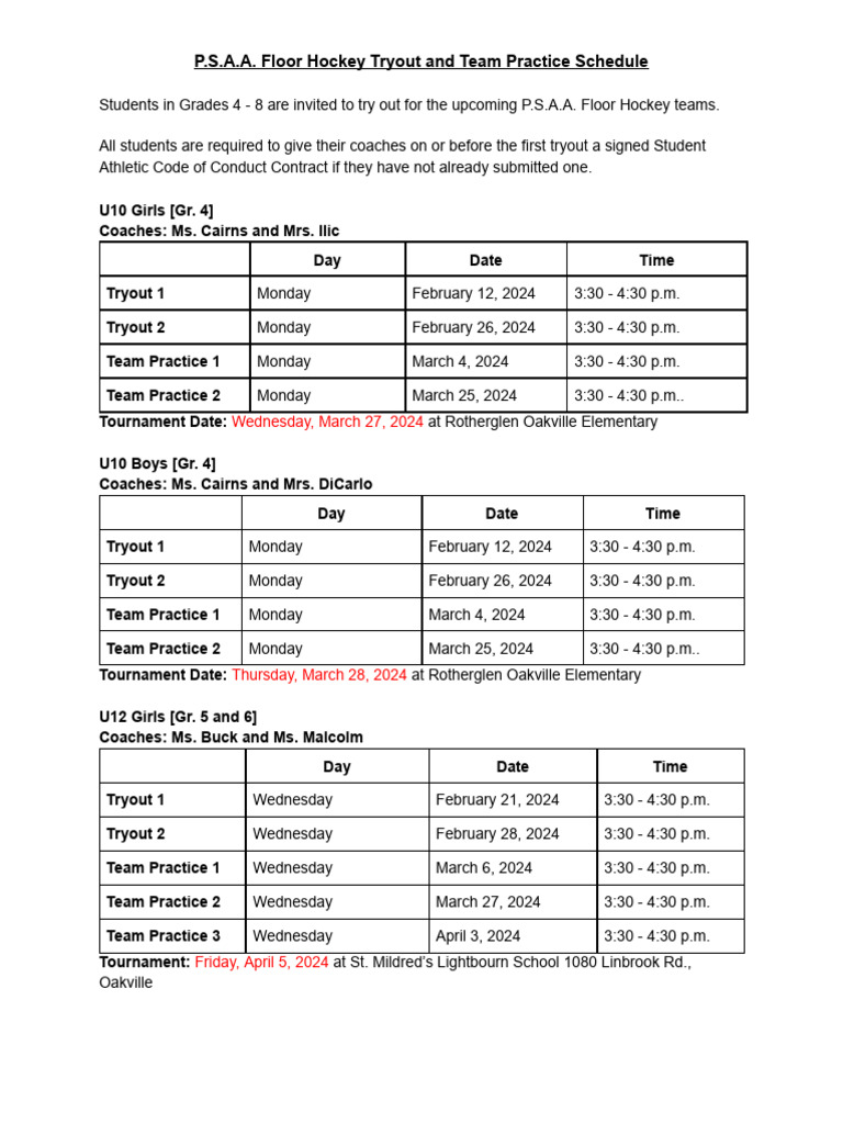 PSAA Floor Hockey Tryout and Practice Schedule 2024 | PDF