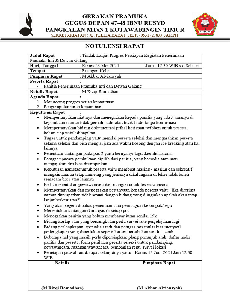 Notulensi Rapat Pramuka 23 Mei 2024 | PDF