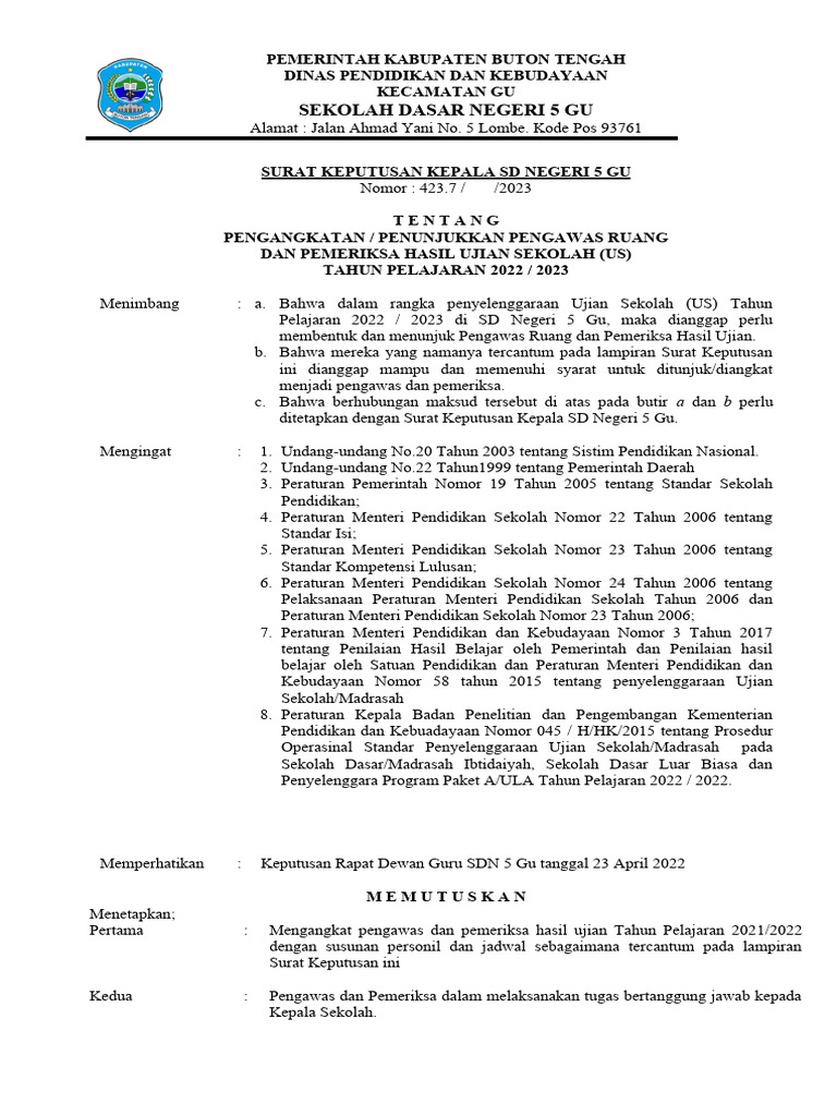 SK. Pengawas Ruang Ujian US 2022 | PDF