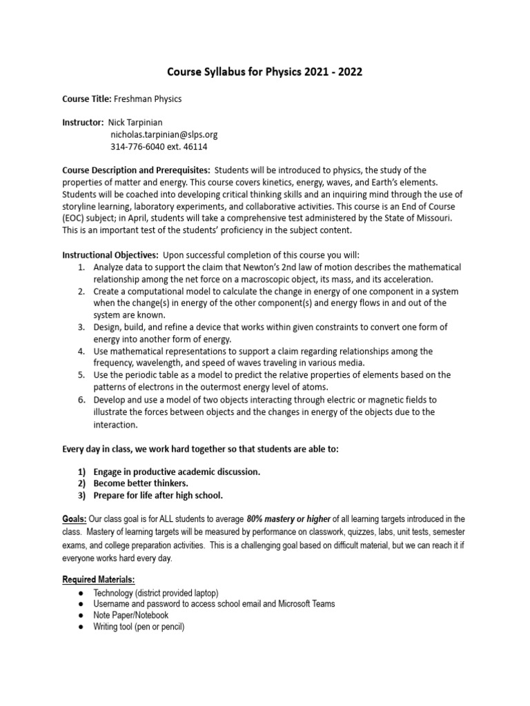Physics Syllabus 2021-2022 (Tarpinian) | PDF | Force | Physics Physics Syllabus 2021-2022 (Tarpinian) | PDF | Force | Physics