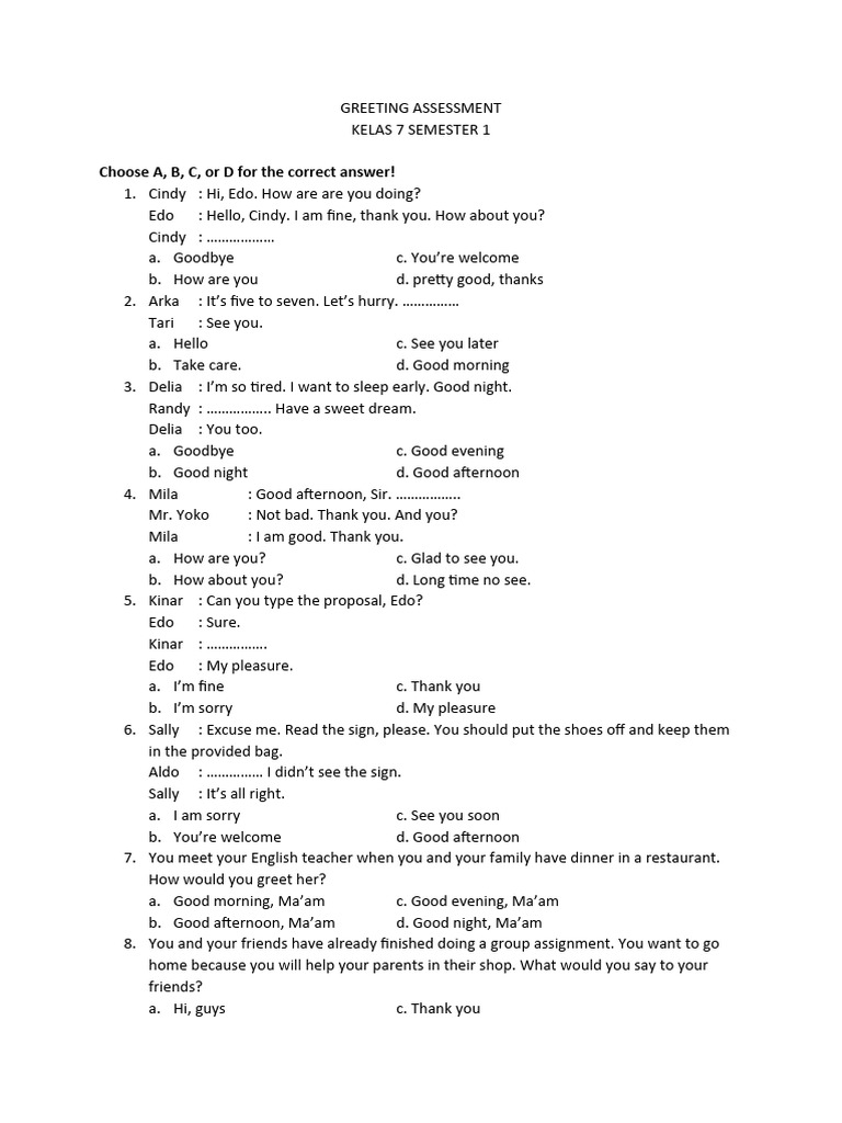 GREETING ASSESSMENT KELAS 7 | PDF