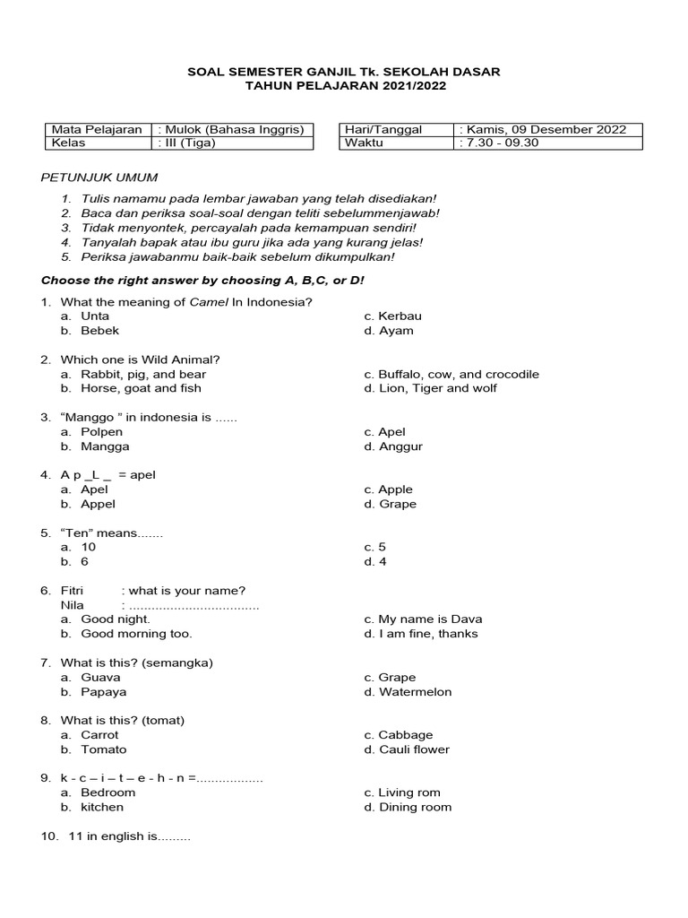 Soal Semester Genap Kelas 3 | PDF | Kajian Bahasa Asing | Griya & Taman
