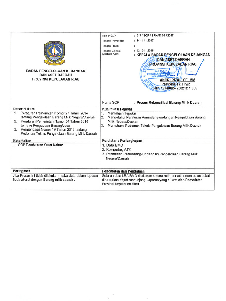 017 SOP Proses Rekonsiliasi Barang Milik Daerah | PDF
