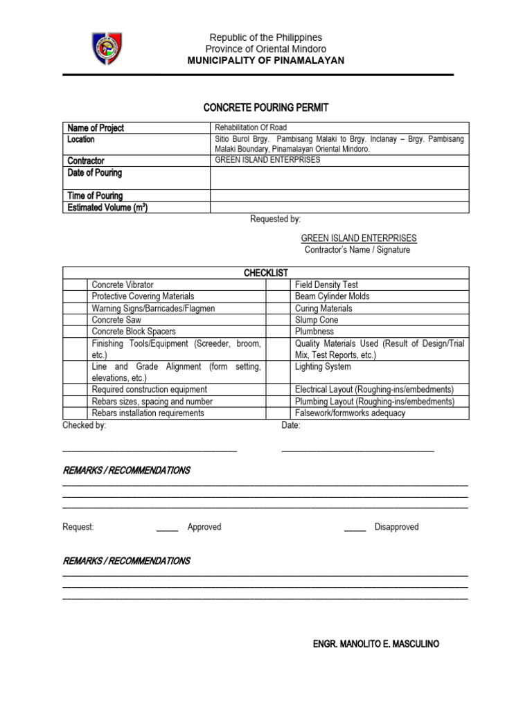 Concrete Pouring Permit | Download Free PDF | Concrete | Civil Engineering