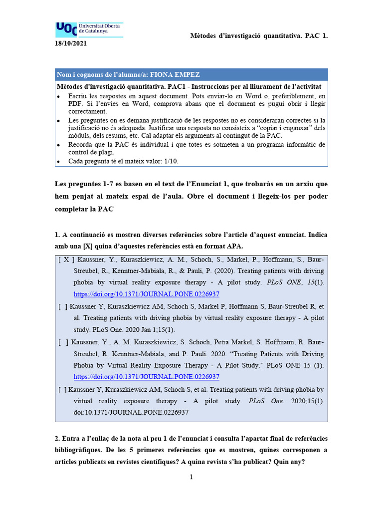 PAC1. Mètodes D'investigació Quantitativa. Fiona Empez 1rS 2021-2022. Aula | PDF