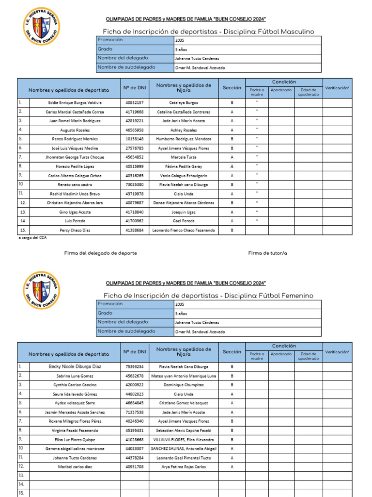 Ficha de Inscripción de Deportistas - Olimpiadas 2024 | PDF