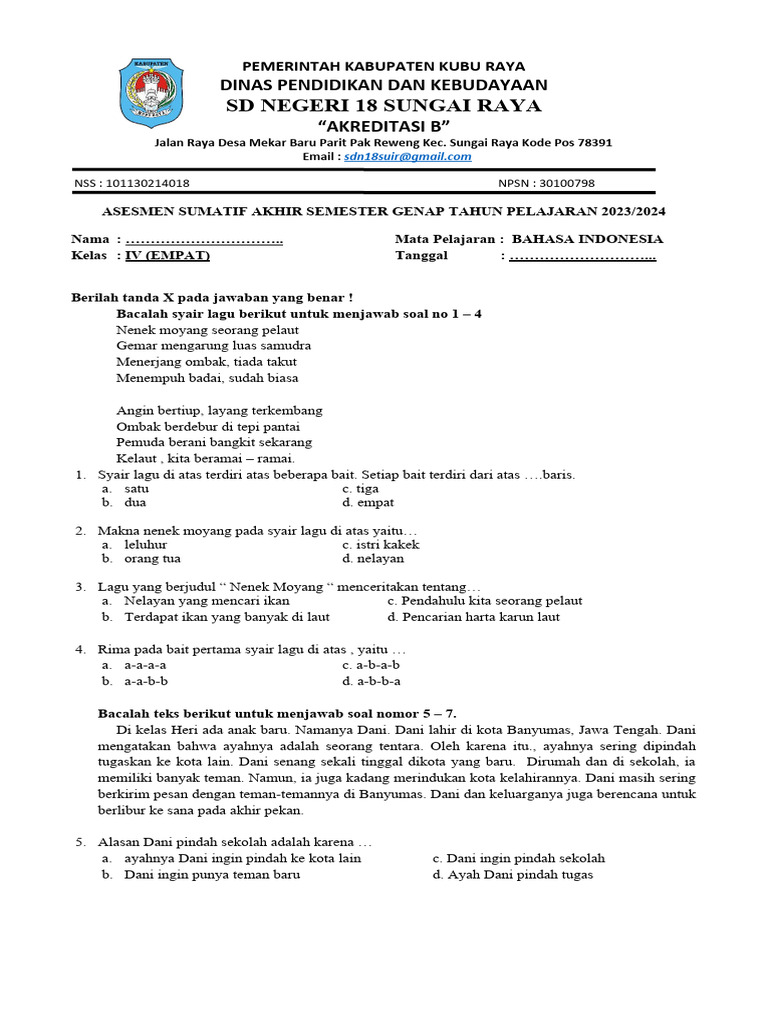 Soal Ulangan Umum Semester Genap B. Ina KLS 4 | PDF