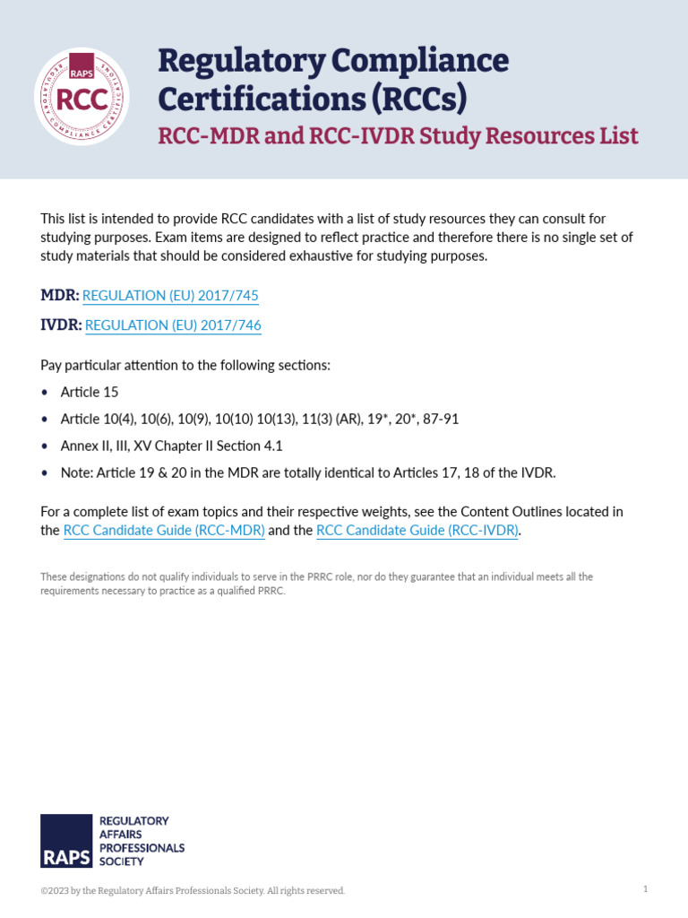 RAPS RCC Study Resources List | PDF