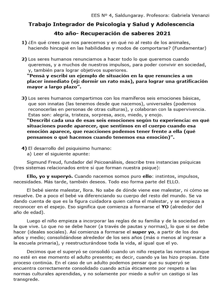 Manuno 2021, Psicología y Salud y Adolescencia, 4to Año | PDF ...