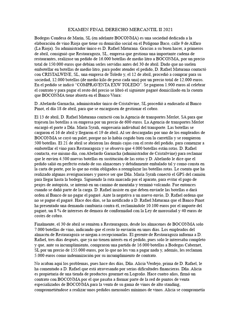 EXAMEN FINAL DERECHO MERCANTIL II 2021 (Respondido) | PDF | Vino