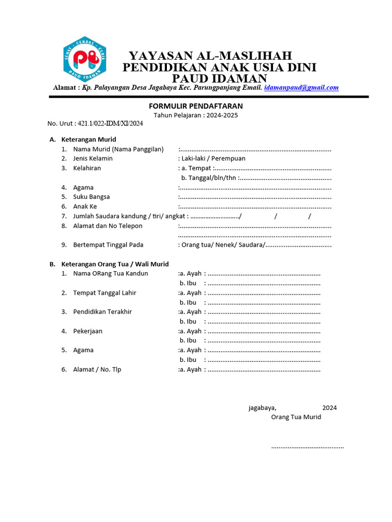 Formulir Pendaftaran Paud | PDF