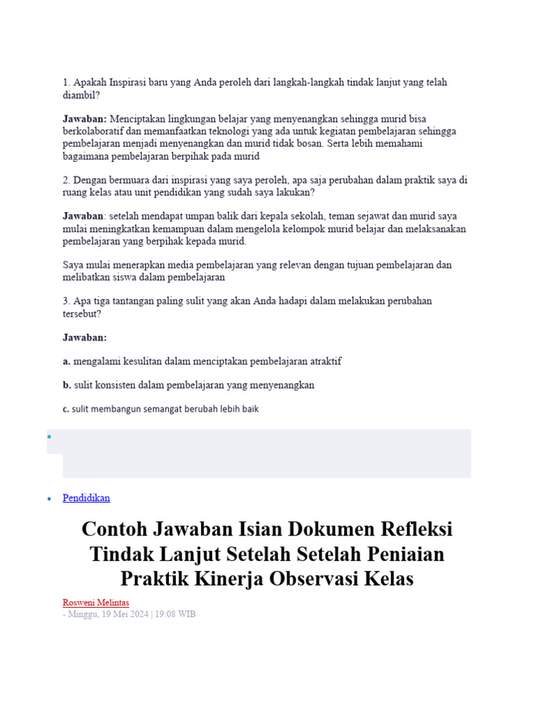 Contoh Jawaban Isian Dokumen Refleksi Tindak Lanjut Setelah Setelah ...