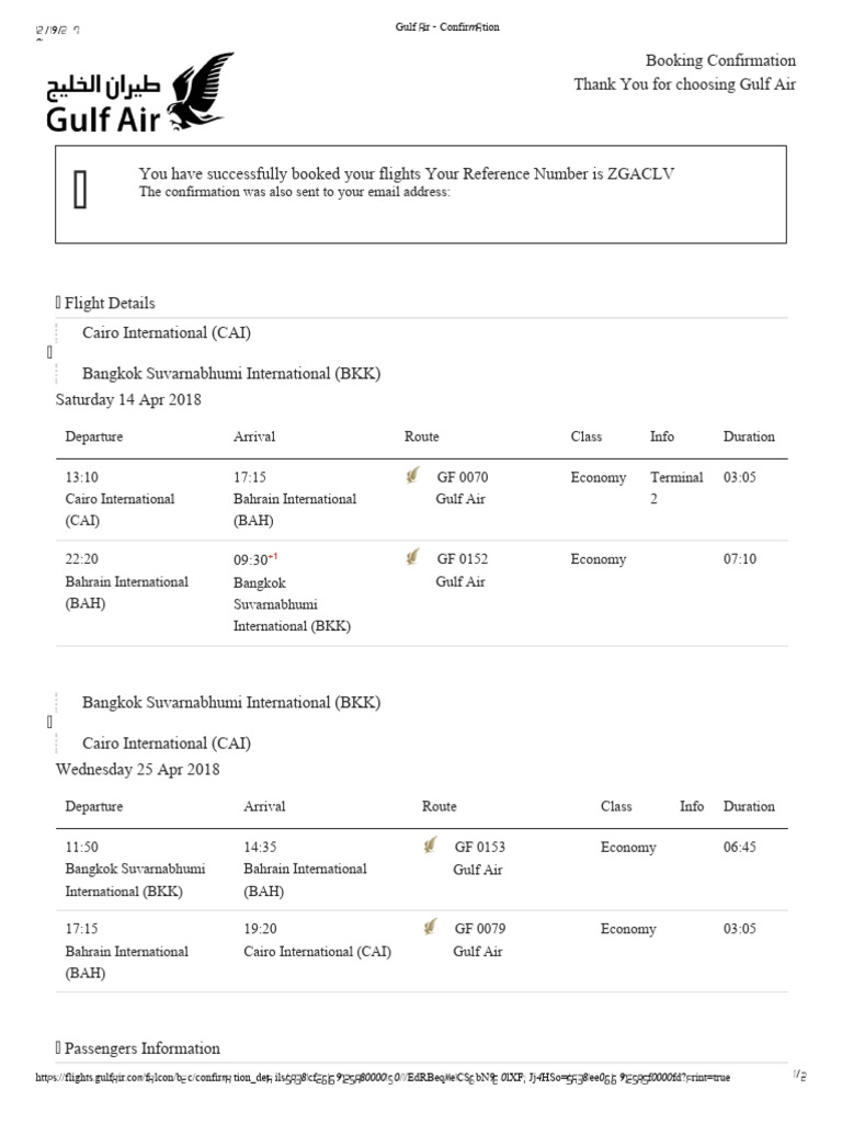 Gulf Air Booking Confirmation Details | PDF | Transport | Transport ...